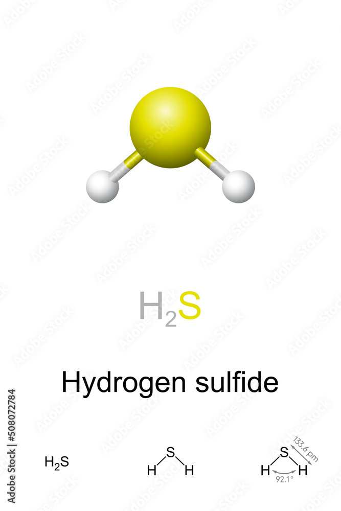 Hydrogen sulfide, ball-and-stick model, molecular and chemical formula ...