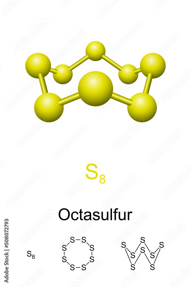 Octasulfur, ball-and-stick model, molecular and chemical formula. Also ...