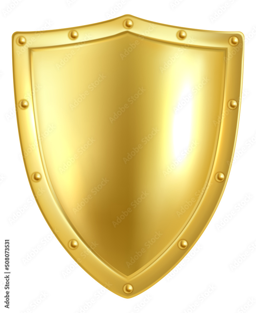 Golden shield. Realistic heraldic symbol. Metallic monarch award ...