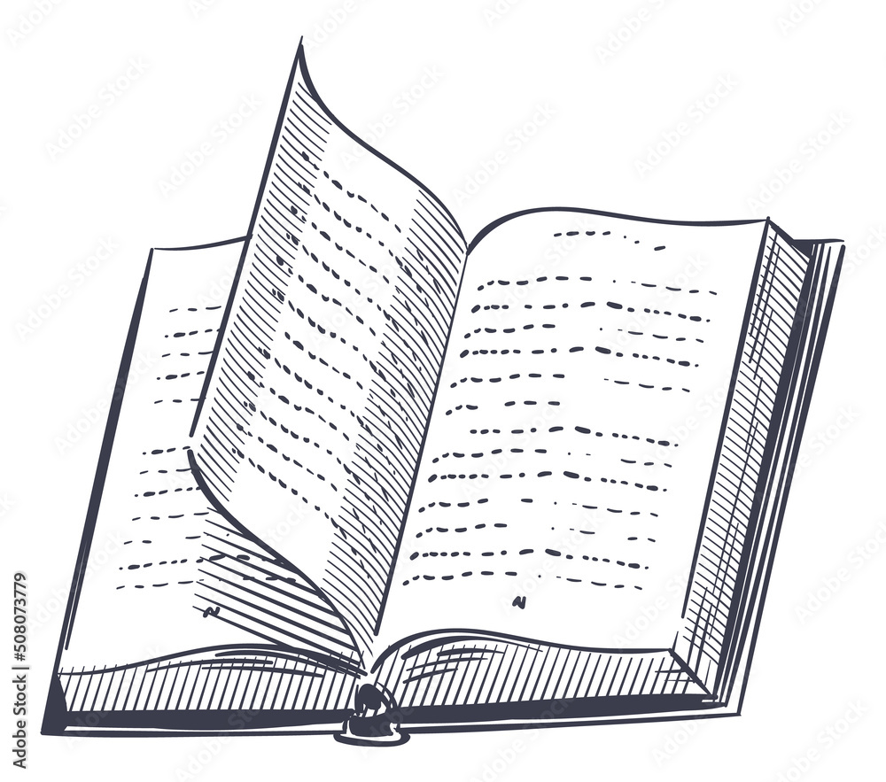 Hand drawn open book. Sketch notebook with text, vintage dictionary or ...