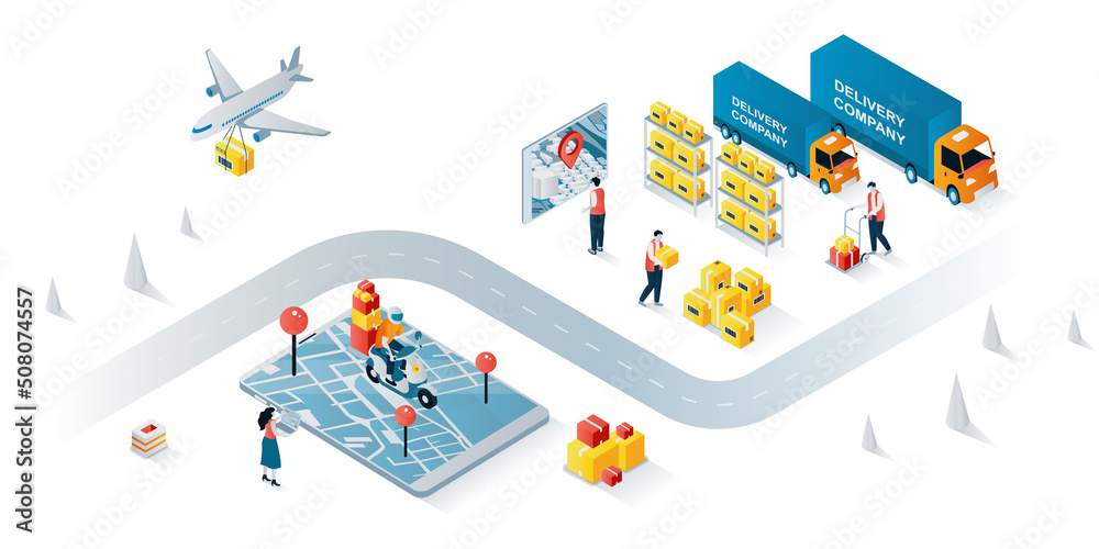 Delivery company concept 3d isometric web banner. People work at ...
