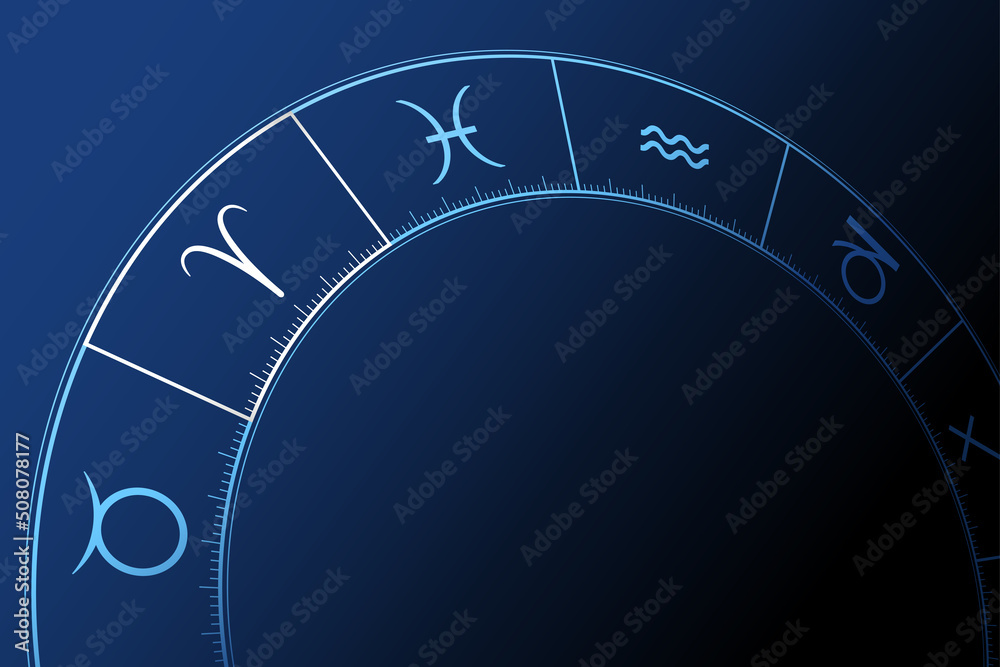 Sign of Aries on the wheel of the zodiac on blue background. First ...