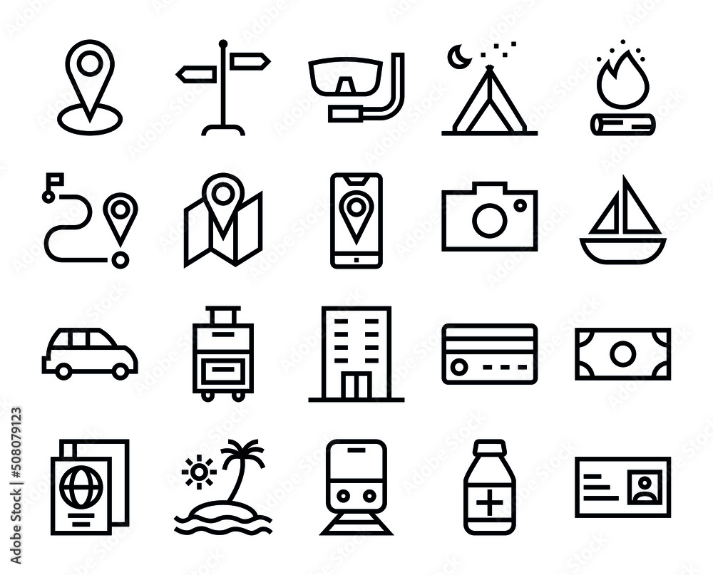 Set of travel icons, Set of travel collection in black color for ...