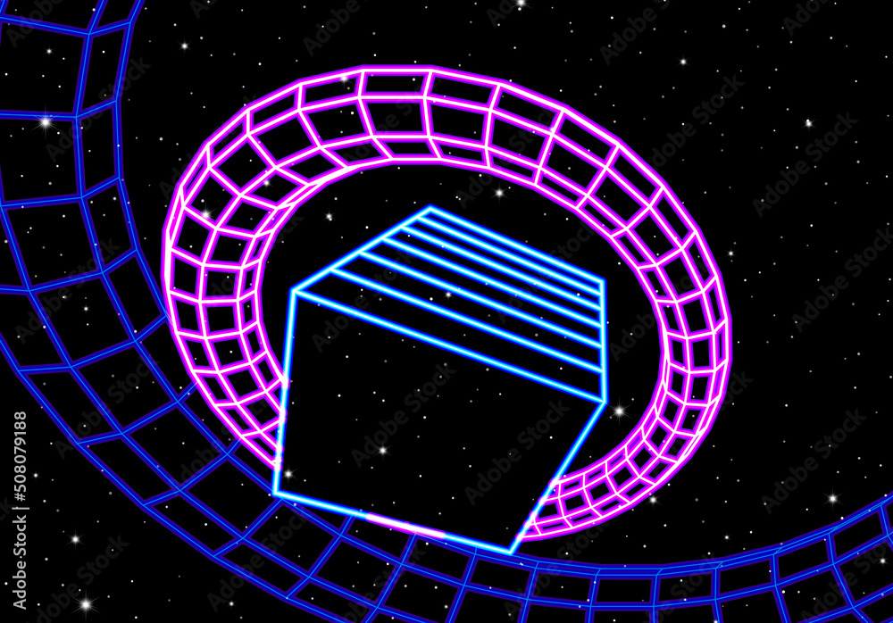 Abstract neon shapes in retro space. 80s or synthwave styled neon ...