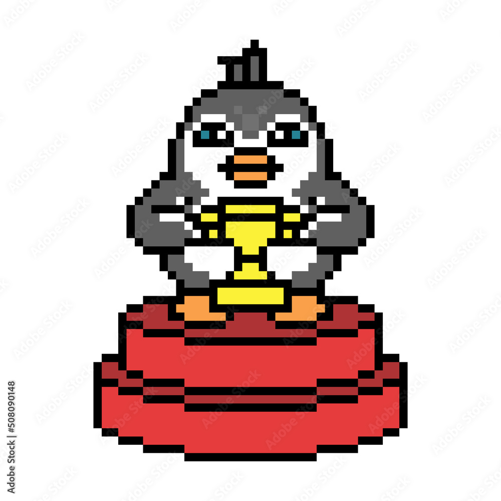 Penguin with a golden winners' cup on a pedestal, pixel art animal ...