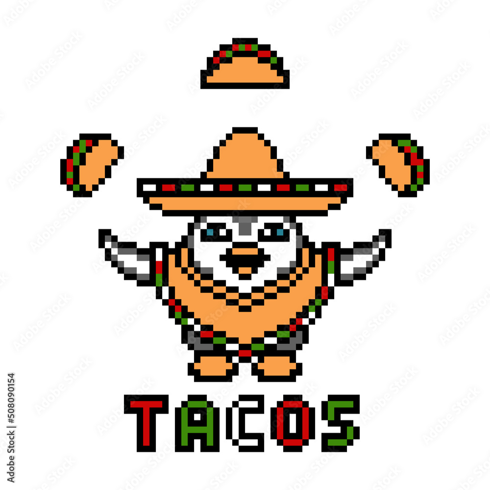 Penguin in sombrero hat and poncho juggling tacos, pixel art animal ...