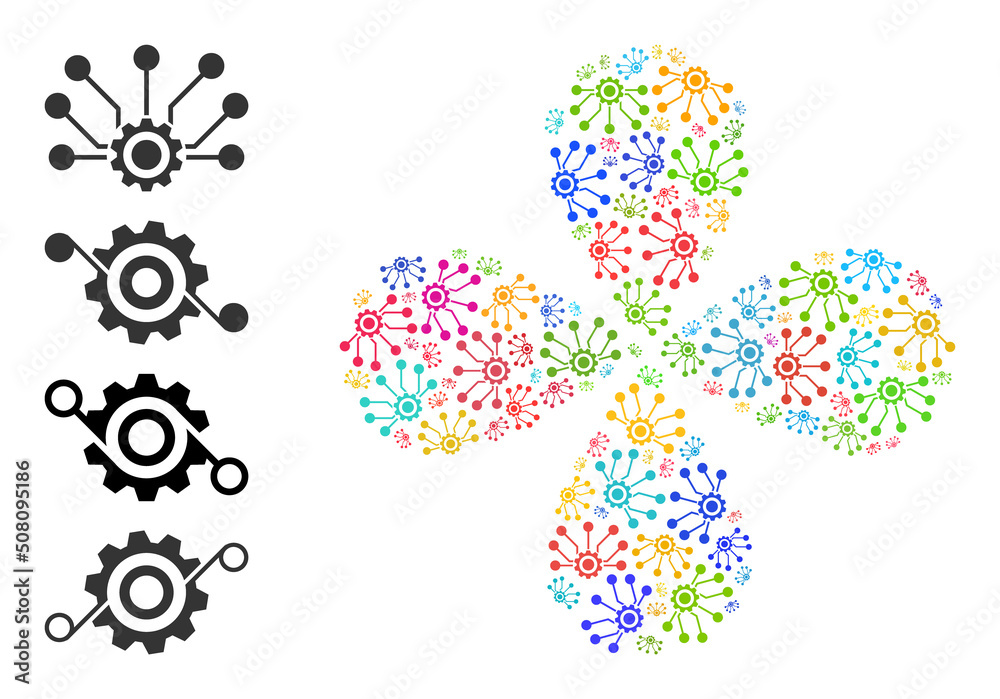 Gear connections icon bright centrifugal flower with four petals shape ...