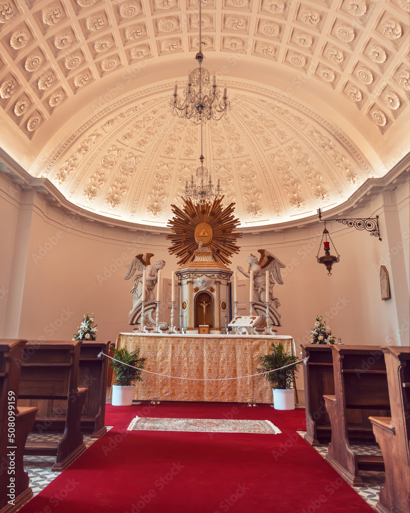 Horovice Castle interior, castle chapel with baroque white gilded altar ...