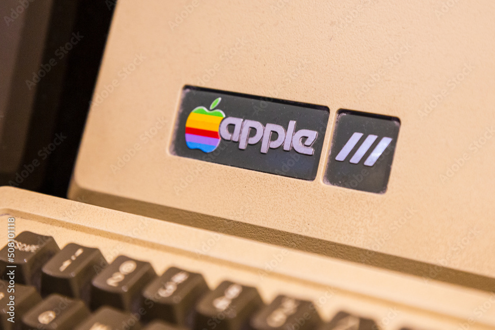 Istanbul, Turkey, March 2019: Closeup old rainbow Apple logo on old ...