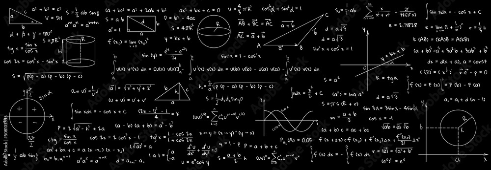Many different math formulas written on blackboard. Algebra and ...