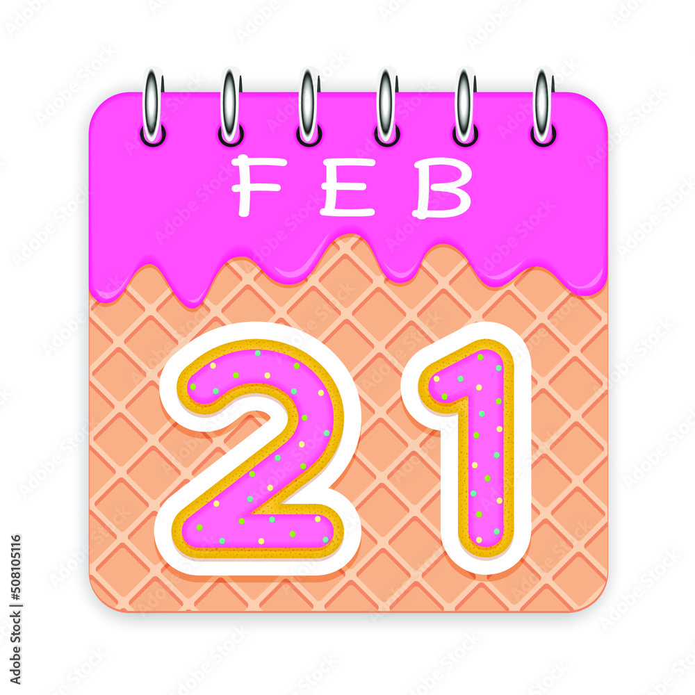 21 day of a month. February. Waffle cone calendar with melted ice cream ...