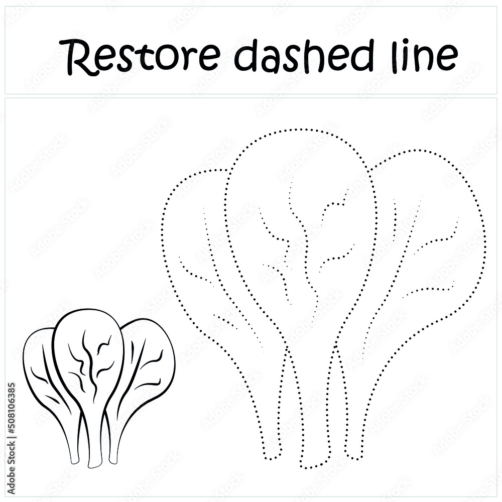 Spinach. Repair the dotted line. Handwriting practice. Vegetables in ...