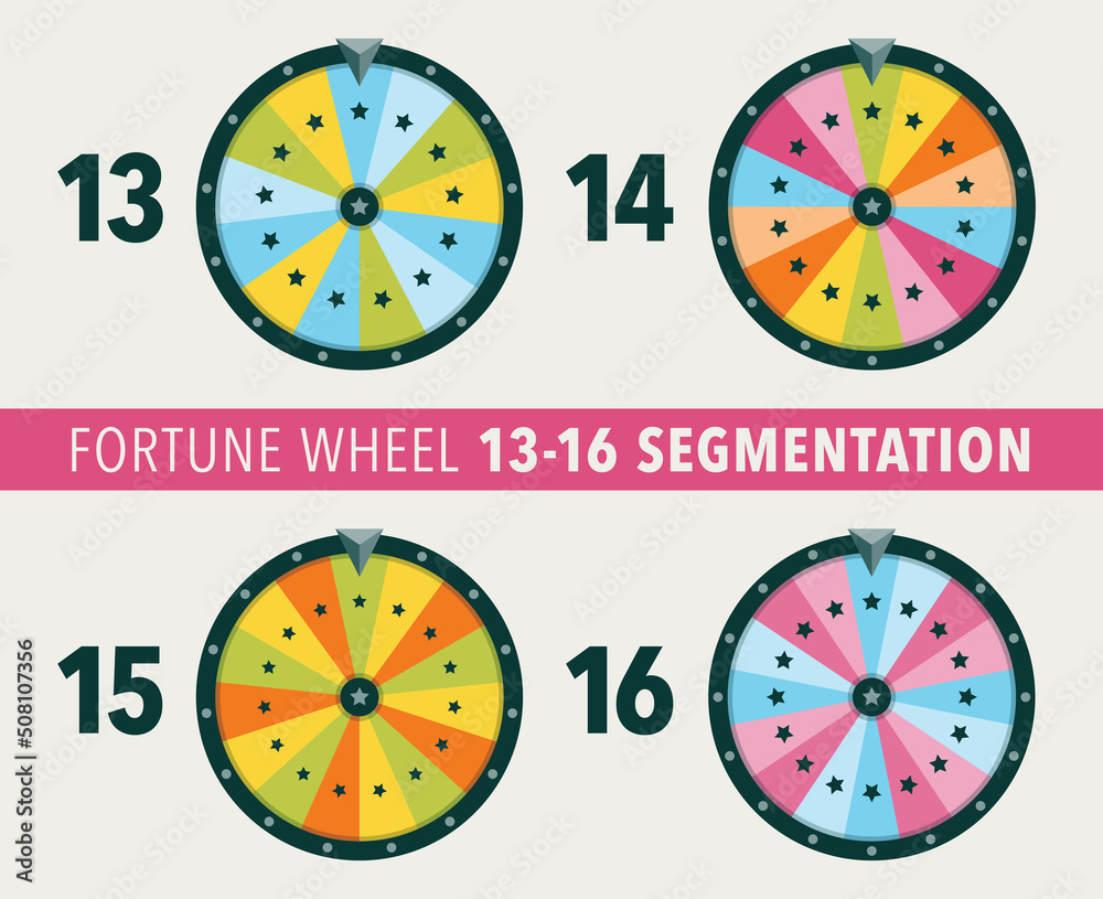 Collection of fortune wheel flat illustrations. 13, 14, 15 and 16 segmentation fortune wheel ...