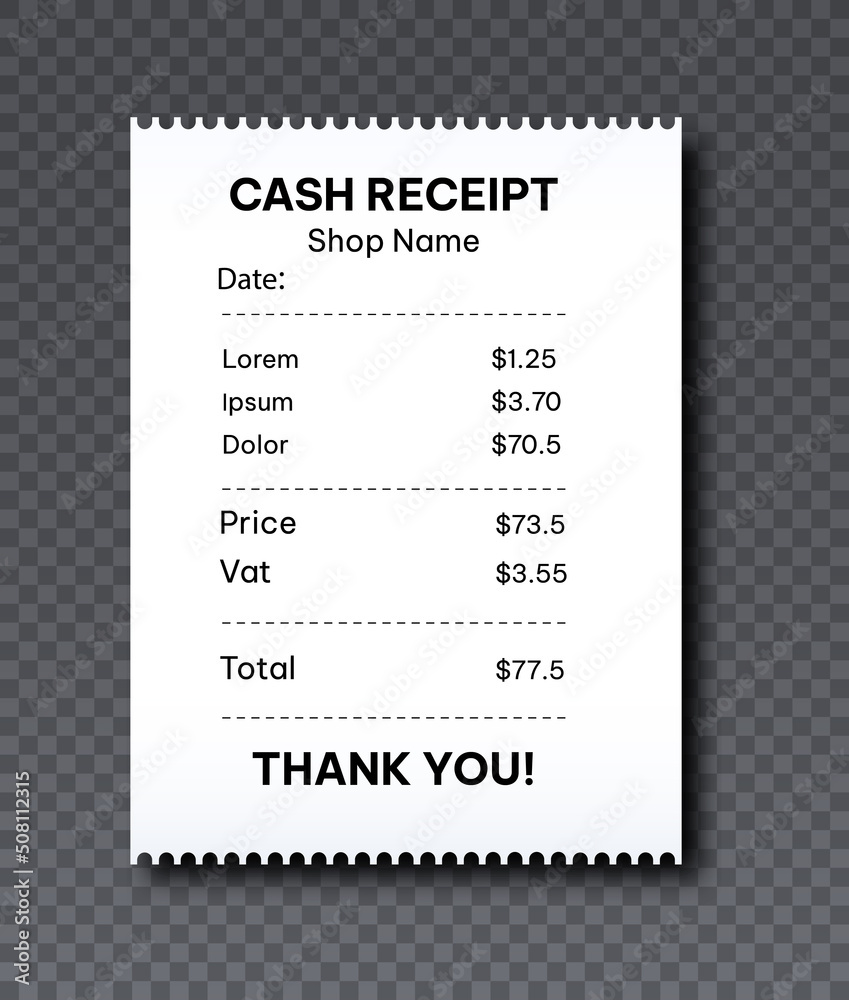 Realistic cash receipt. Small but expensive purchases, short bill ...