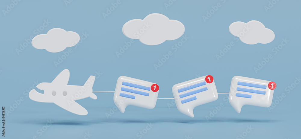 3D speech bubbles flying with cute airplane, talking box, chatting box ...