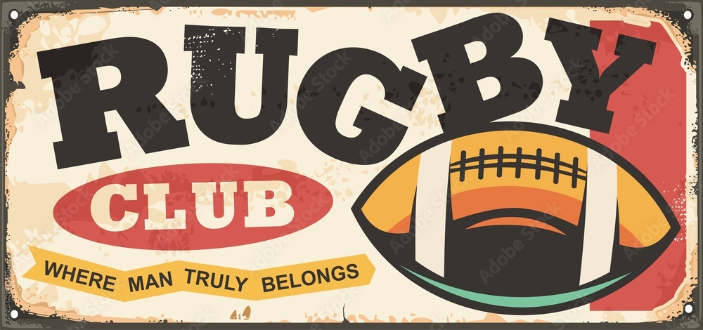 Rugby club retro sign post illustration. Rugby ball vintage inscription ...