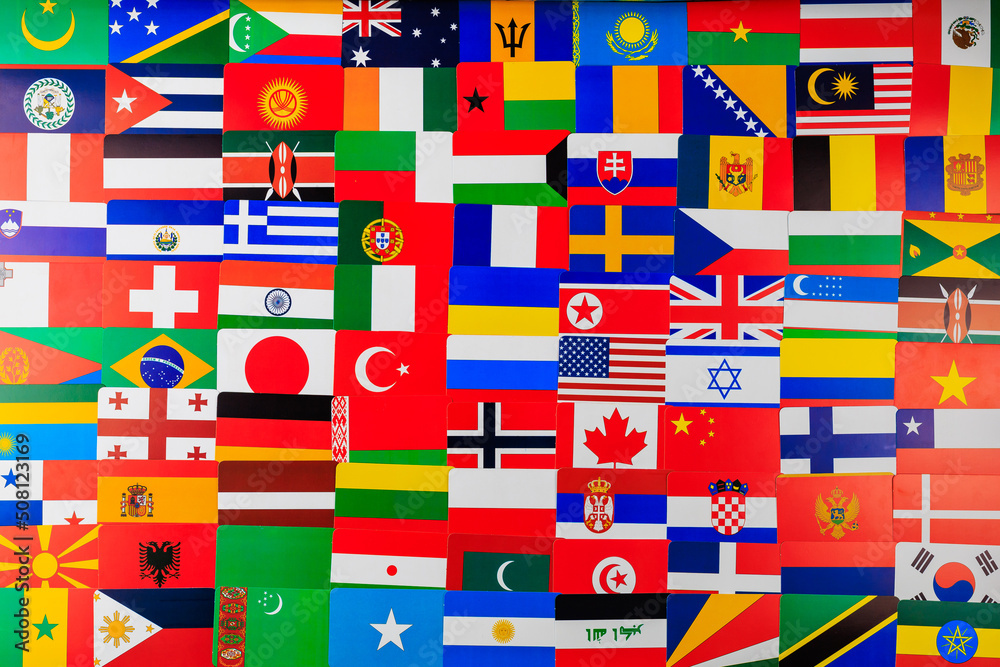 Flags of different countries. Background. The concept of friendship of ...
