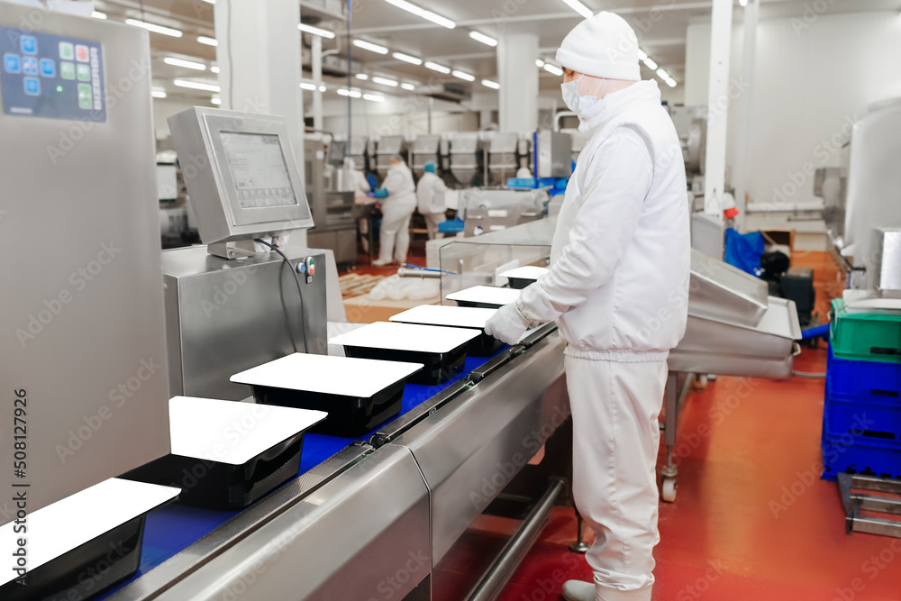 Automated production line in modern food factory.People working.Chicken ...