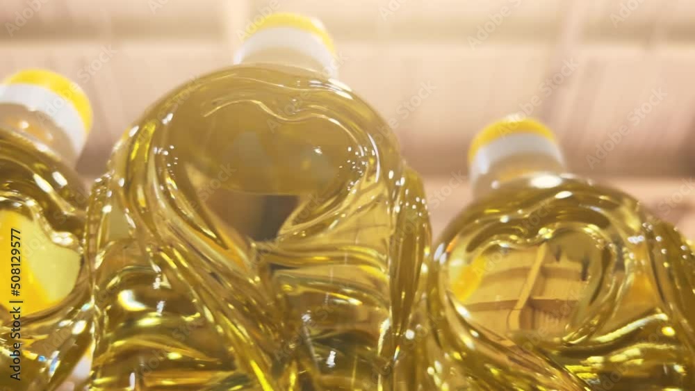 Sunflower or corn oil in plastic bottles line up on the shelf in a ...