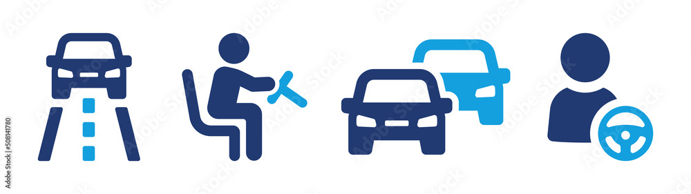 Driving car icon vector set. Drive vehicle on the road, driver holding ...