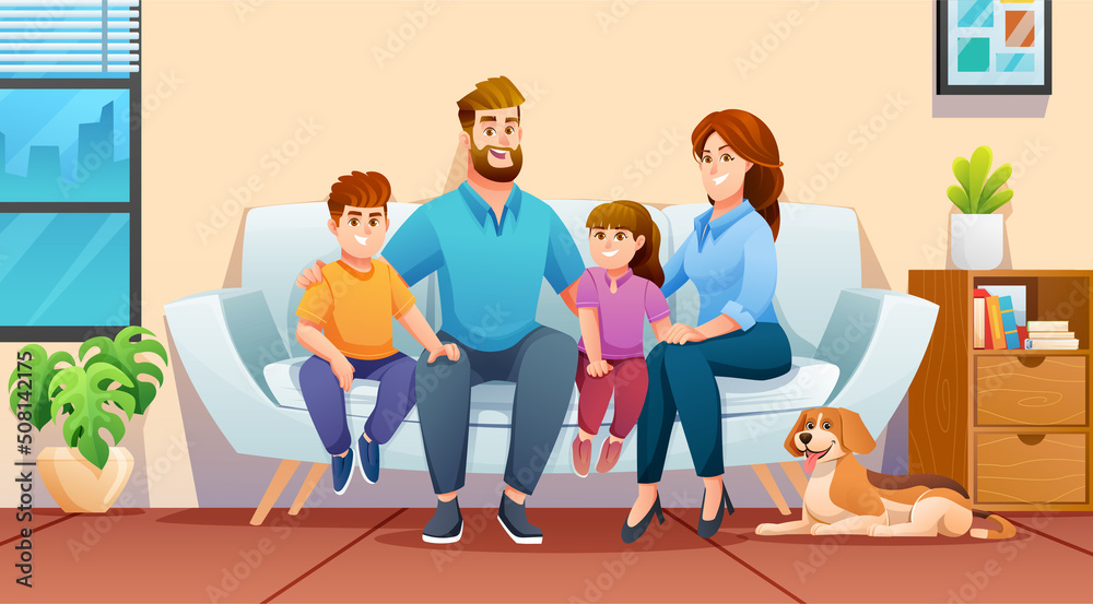 Happy Family Cartoon With Dog