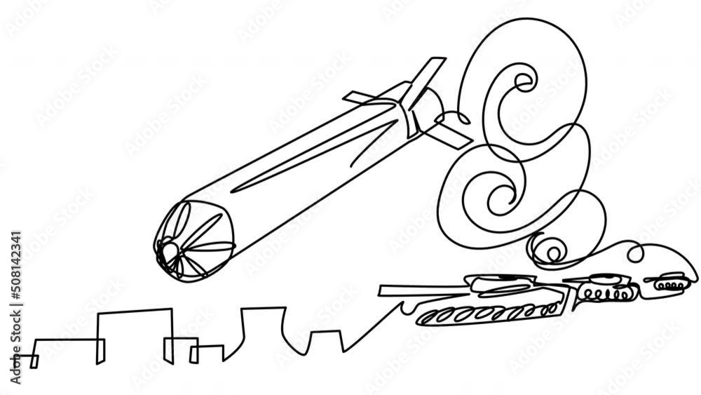 Self-drawing of a flying rocket and tanks in one line on a white screen ...