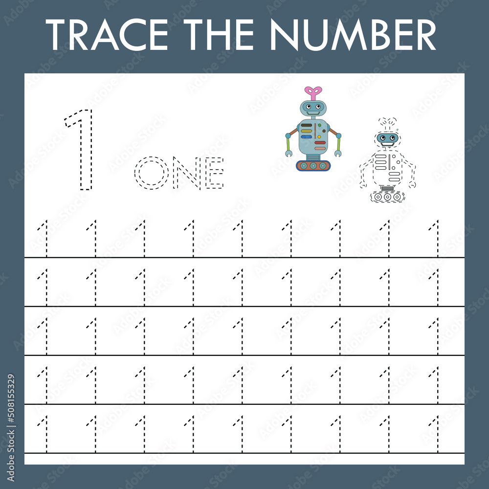 Number one stroke worksheet with robot for fine motor skills kids ...