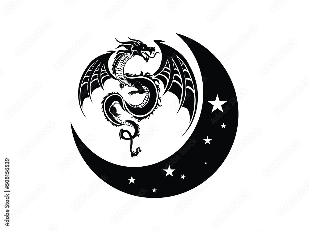 Flying Dragon and Moon Vector illustration. Dragon Wings, Silhouette ...