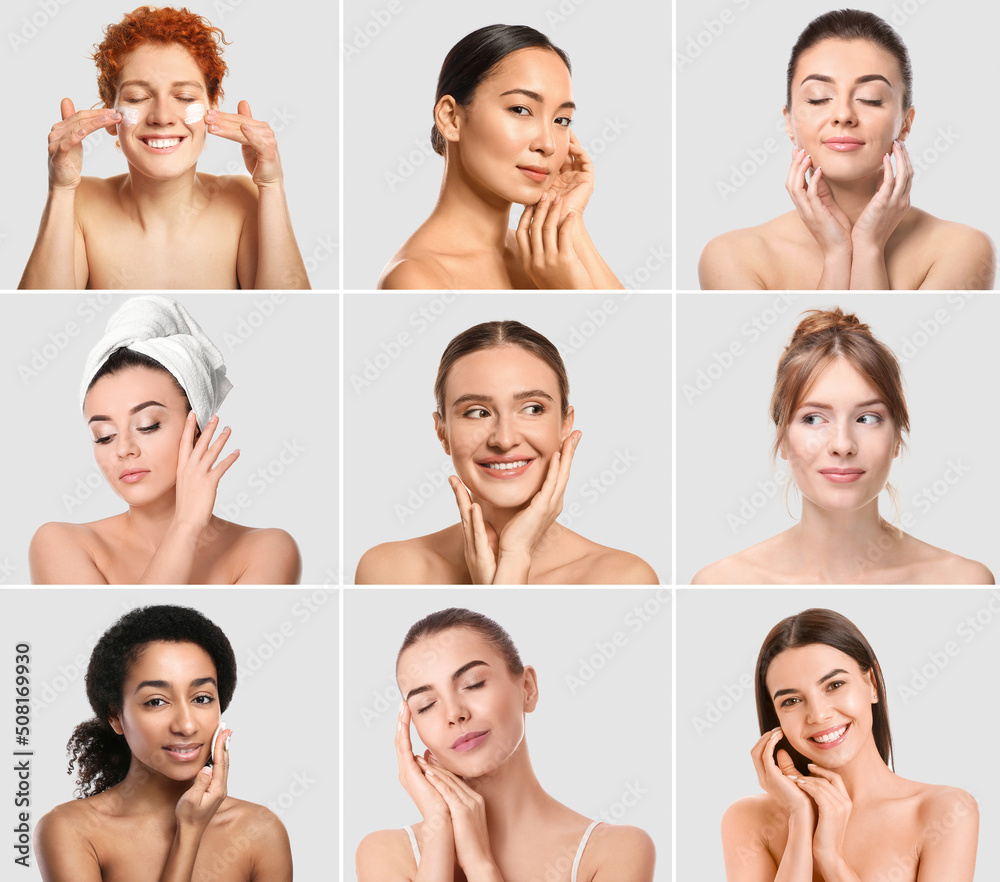 Collage with different pretty young women on light background. Skin ...