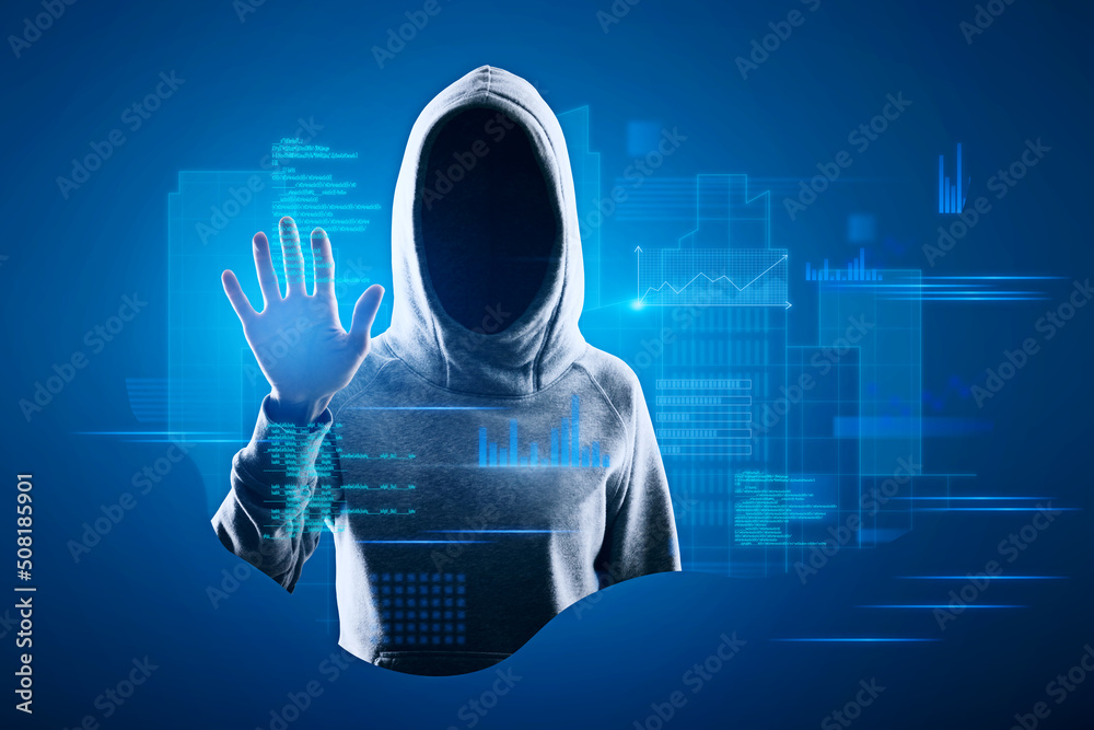 Hacker In Hoodie Using Abstract Blue Coding And Tech Information