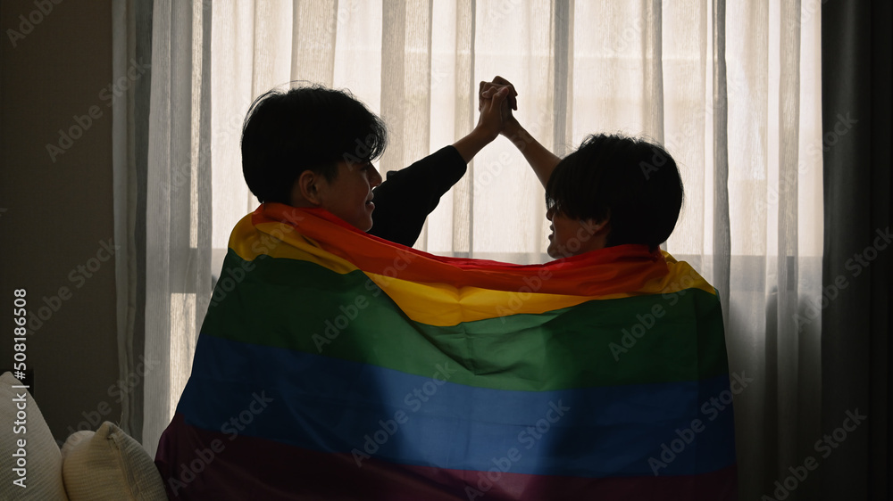 Happy gay couple expressing their love to each other under LGBTQ pride ...