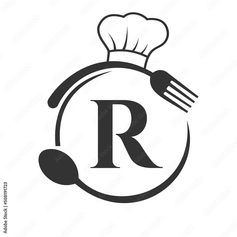 Restaurant Logo on Letter R Concept. Letter R Logo with Chef Hat, Spoon ...