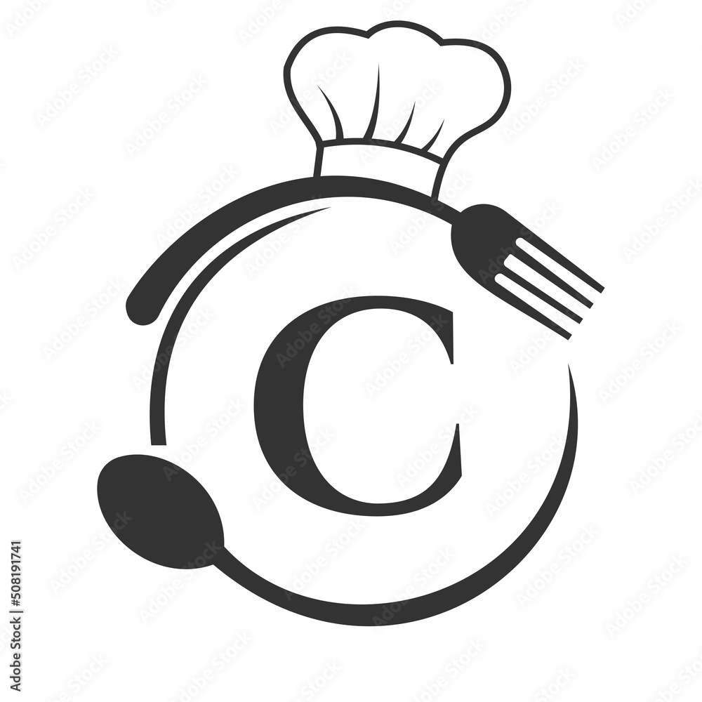Restaurant Logo on Letter C Concept. Letter C Logo with Chef Hat, Spoon ...