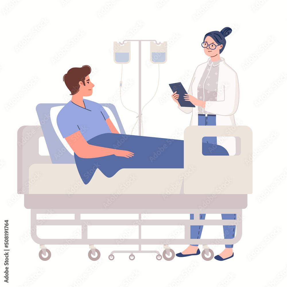 Doctor visits male patient in intensive care unit of hospital. Sad sick ...