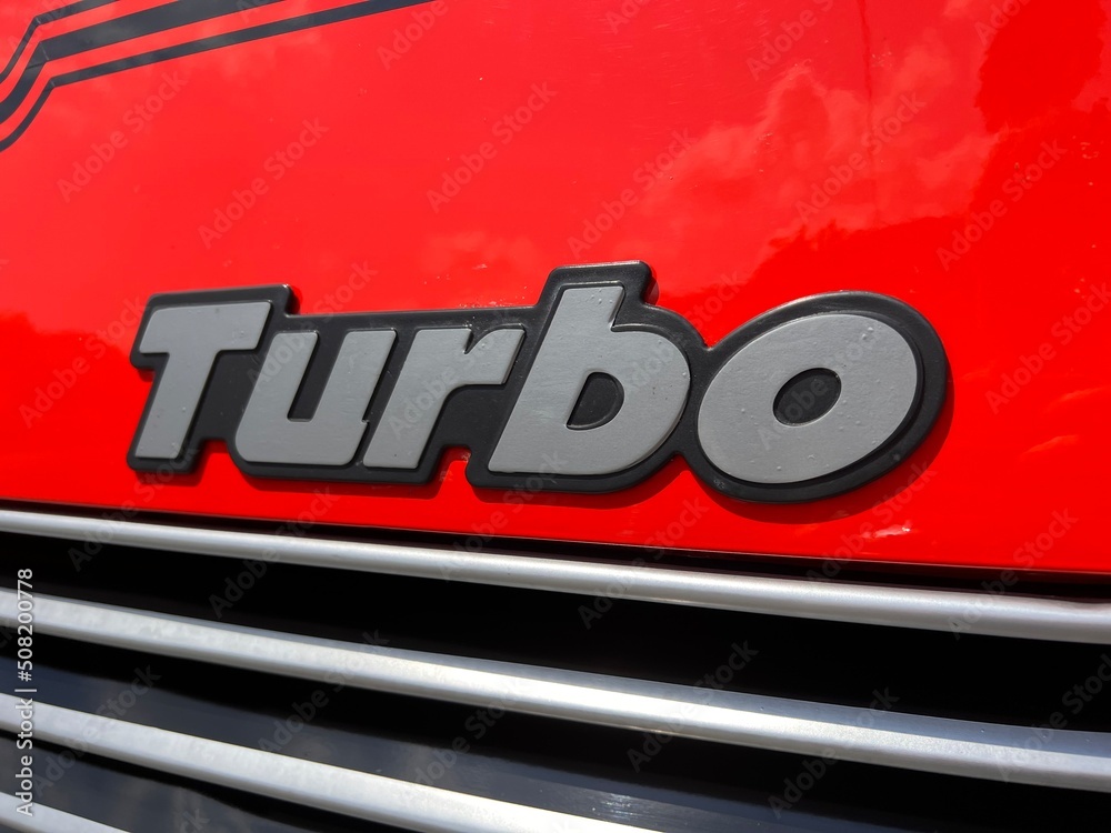 Turbo logo emblem on the front of a red truck. Varallo, Italy - May 14 ...