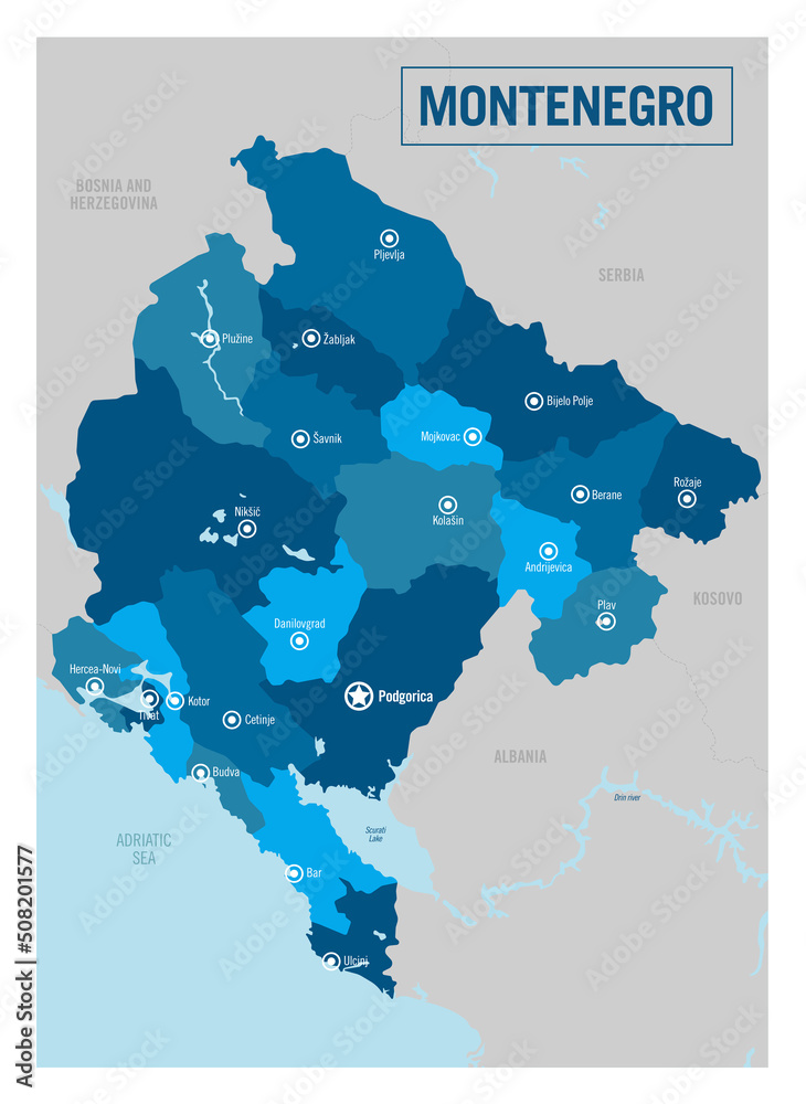 Vetor de Montenegro country political map. Detailed vector illustration ...
