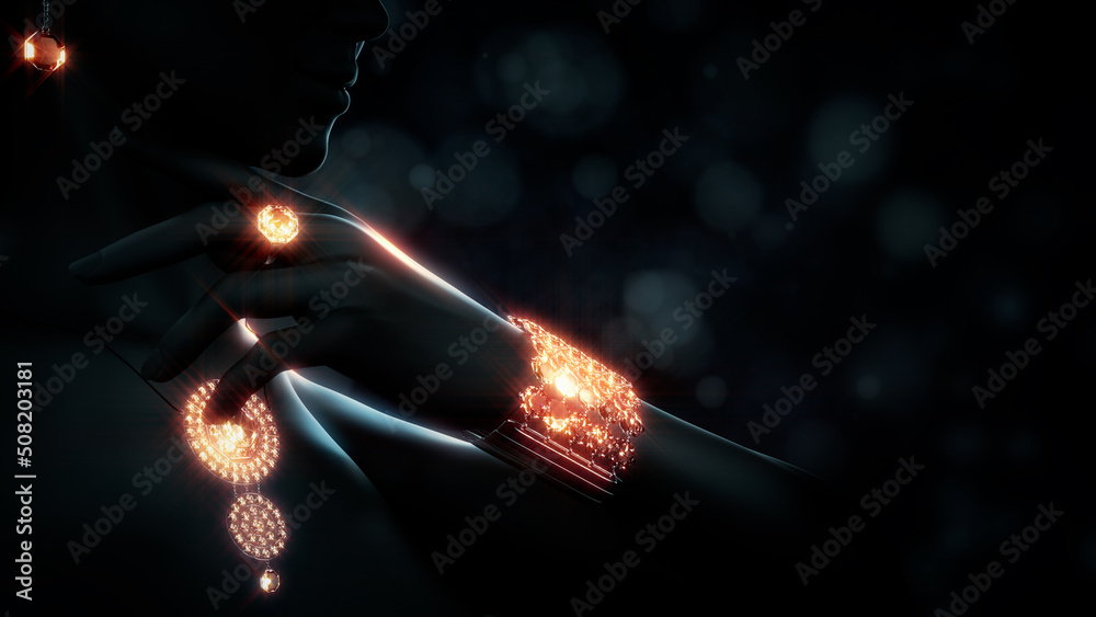 jewellery backdrop - gold necklace ring bracelet and shackle with red ...