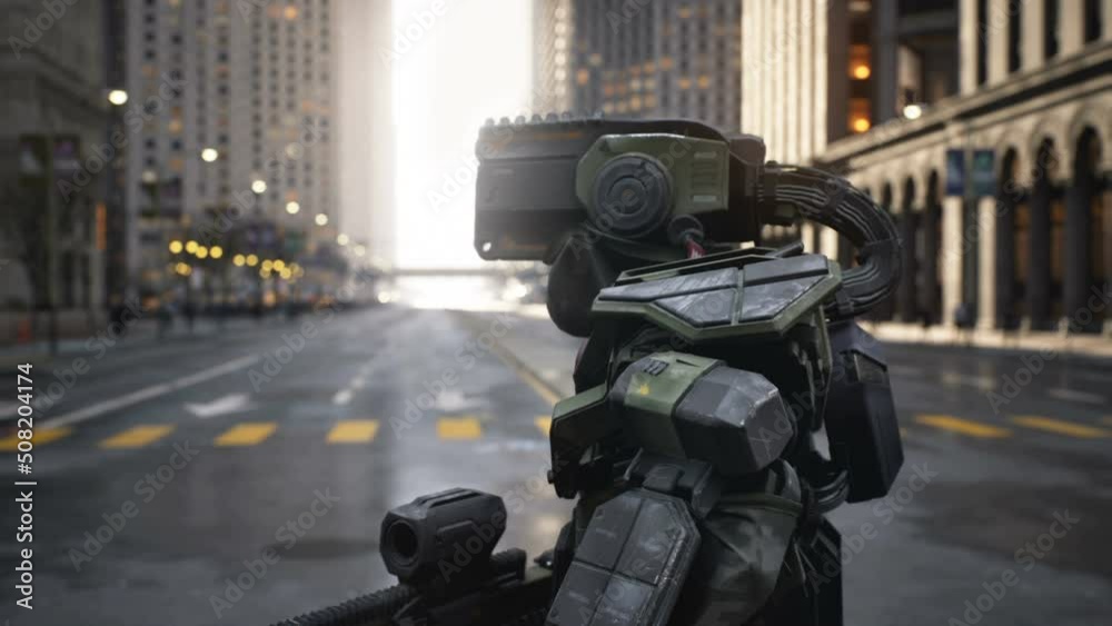 A squad of military robot policemen guard the peace and order of a ...