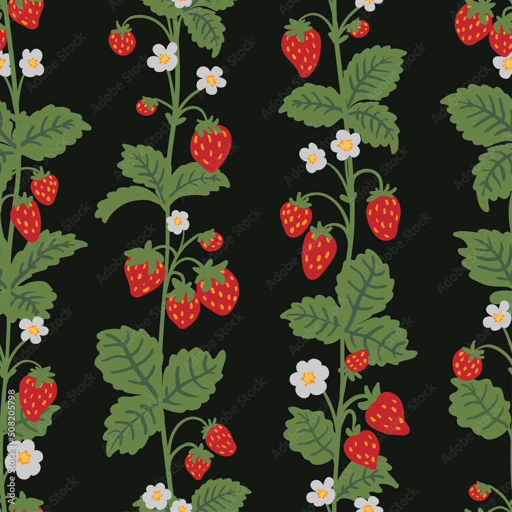 Wild strawberries bush stem, whip vector seamless pattern. Summer ...