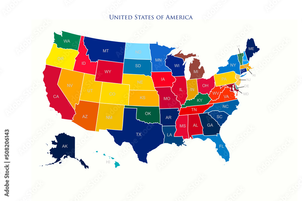 United States of America colorful map with states and borders ...