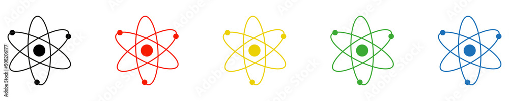 Atom icon set. in five colors. The color can be edited on a white ...