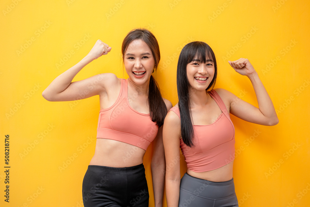 Sporty Asian Group is smiling and laughing with fun, health care ...