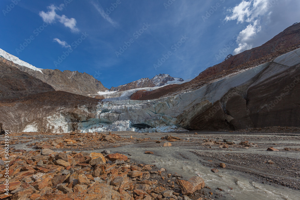 Vallelunga Glacier collapsing tongue with crevasses and ice caves from ...