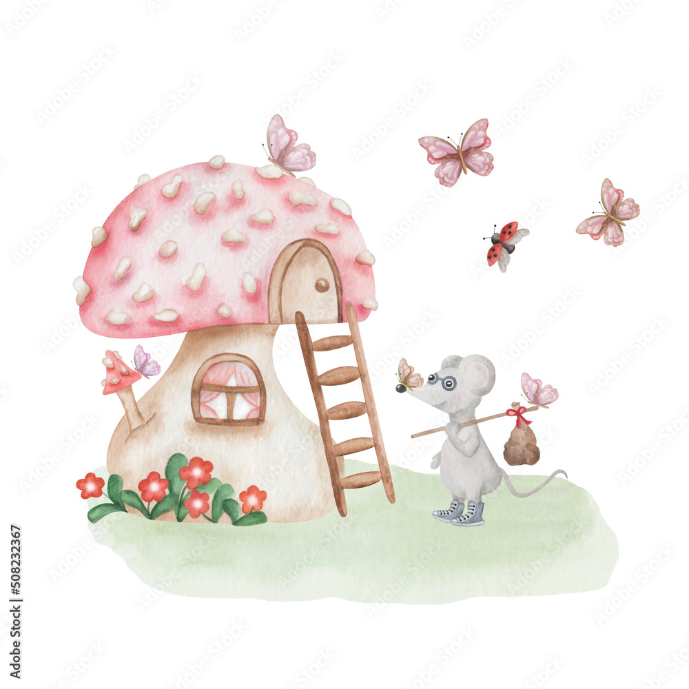 Watercolor illustration of hand painted red mushroom house, travelling ...