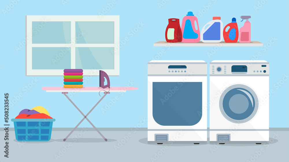 Vector illustration of a home laundry. Cartoon interior with washing ...