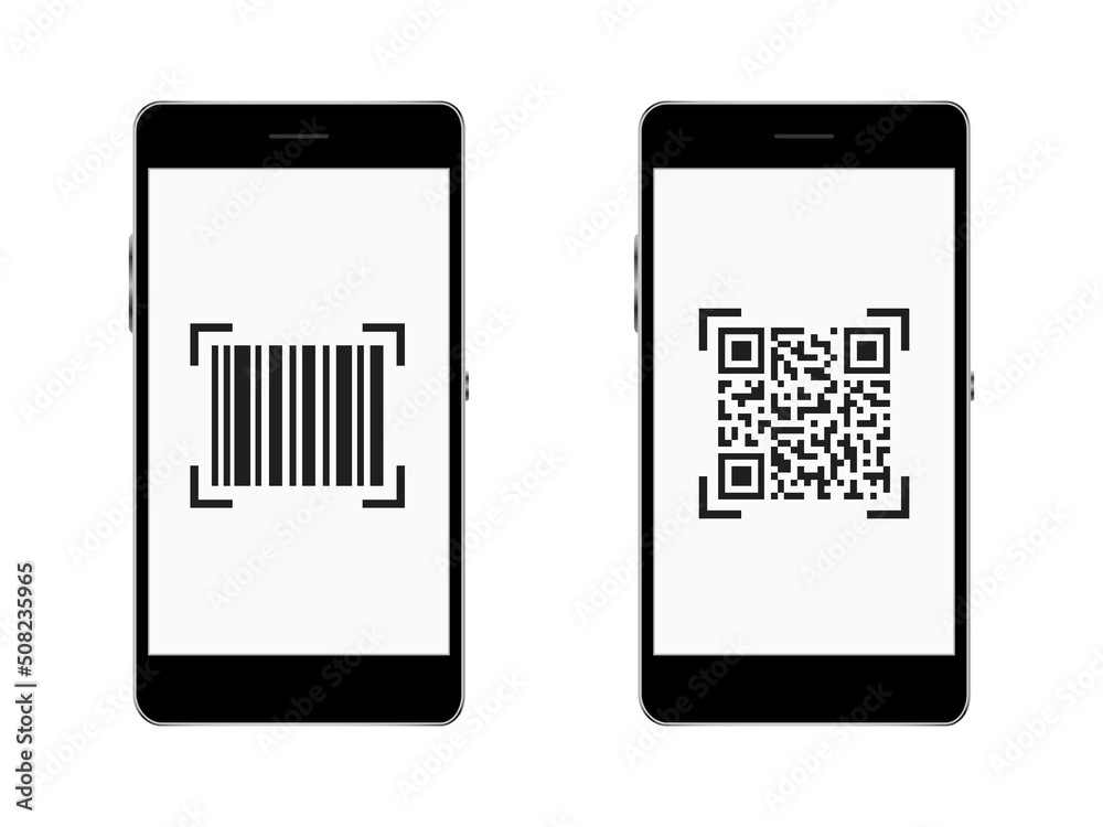 Smartphone with scan QR code and barcode set. Realistic black phone ...
