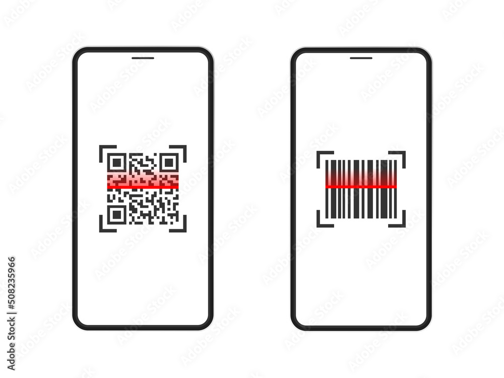 Smartphone with scan QR code and barcode set. Realistic black mobile ...