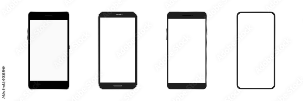 Smartphone mockup with white empty screen set. Realistic black mobile ...
