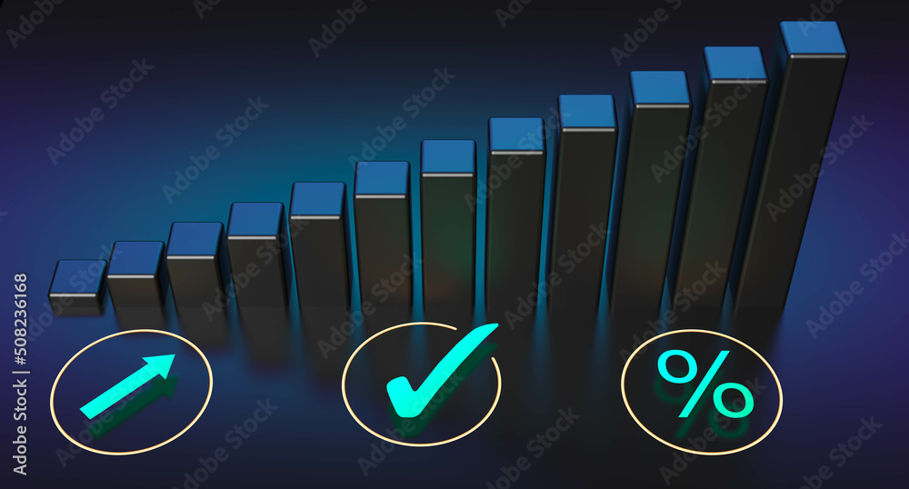 Growing profit growth concept.Chart bars with percentage arrow and tick ...