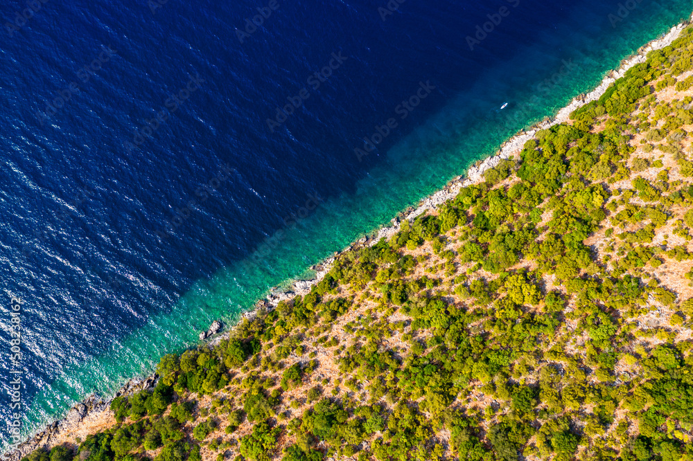 Coastal area with blue clear water and forest on land, aerial view ...